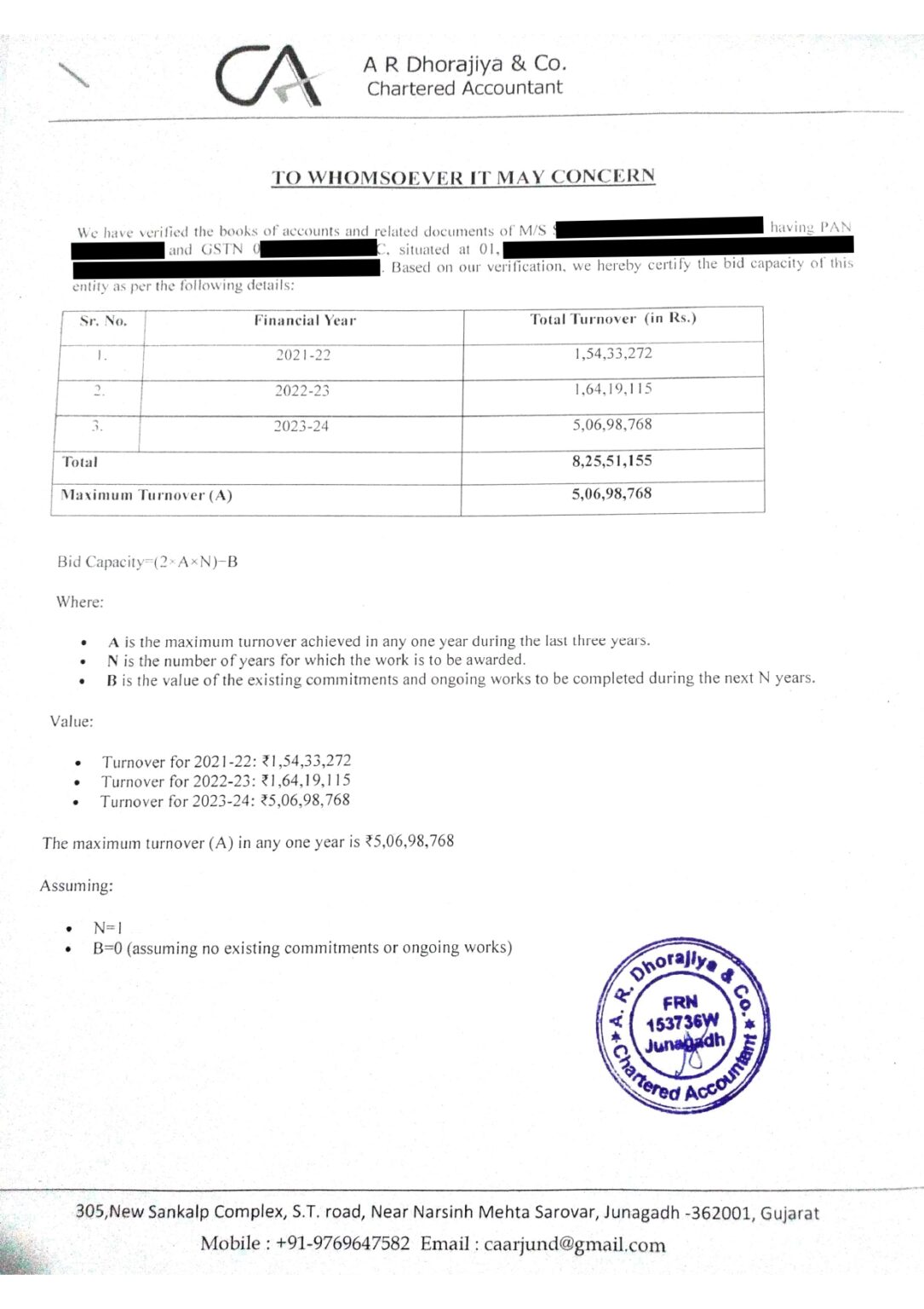 Get Bid capacity certificate by CA in 1 hr with UDIN